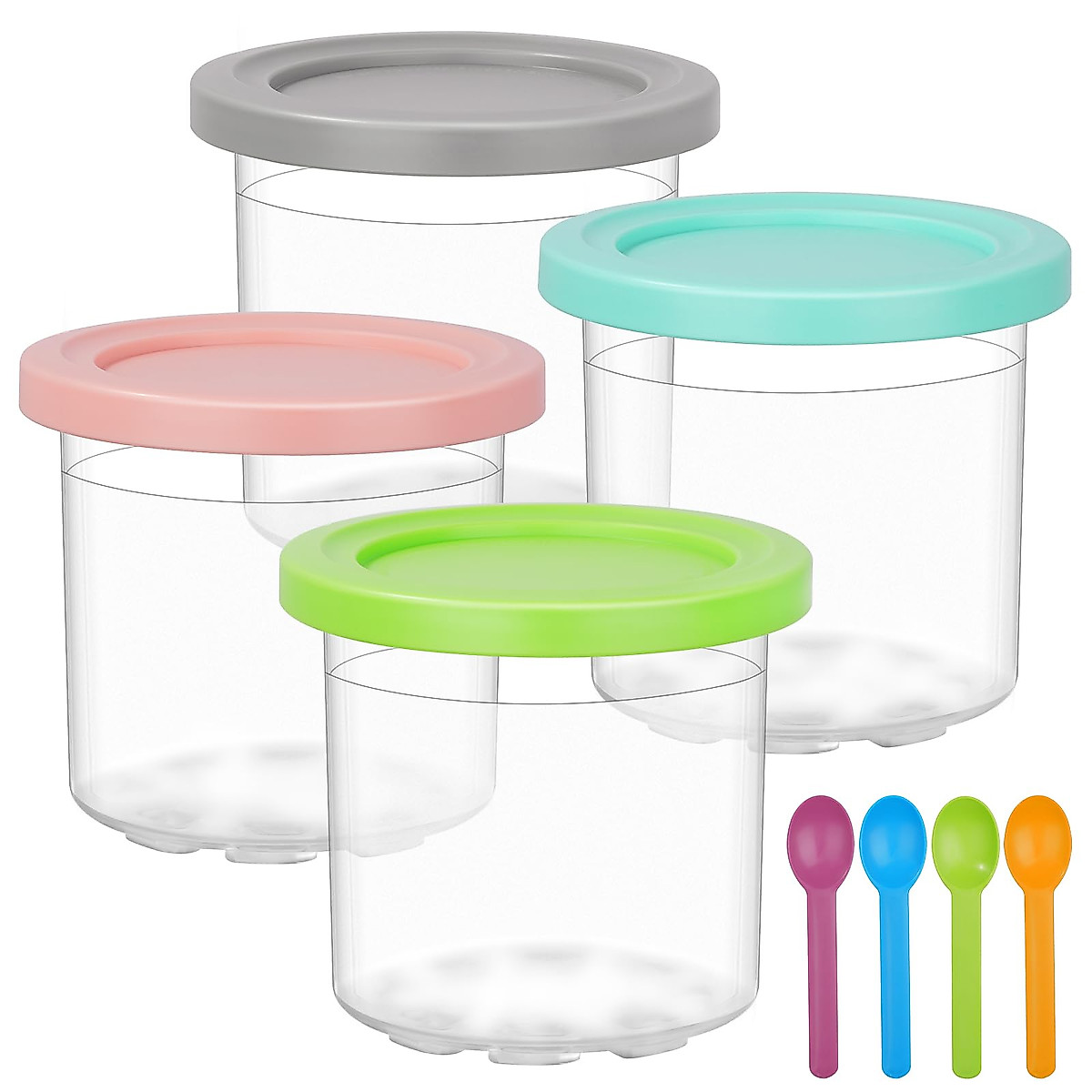 Widousy 4 Pcs Ice Cream Pints Cup, Creami Pints with Lids, Compatible with NC300, NC301 AMZ Series Ice Cream Makers, Color Lids (Blue, Pink, Green, Grey