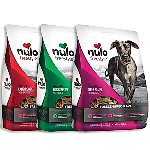 Nulo Freeze Dried Raw Dog Food Variety Pack: Natural Grain Free Formula with GanedenBC30 Probiotics for Digestive & Immune Health - All Ages & Breeds - 3 x 5oz Bags (Beef, Lamb, Duck)