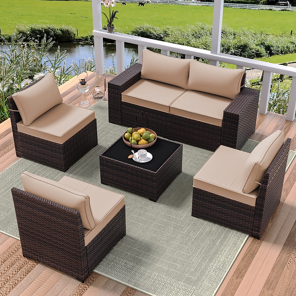 RTDTD Outdoor Patio Furniture Set, 6 Pieces Outdoor Furniture All Weather Patio Sectional Sofa PE Wicker Modular Conversation Sets with Coffee Table,5 Chairs & Seat Clips(Brown)