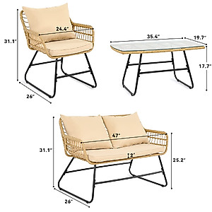 YITAHOME 4-Piece Patio Furniture Wicker Outdoor Bistro Set, All-Weather Rattan Conversation Loveseat Chairs for Backyard, Balcony and Deck with Soft Cushions and Metal Table (Light Brown+Beige)