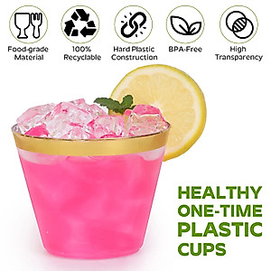 Tobvory 100 Pack Gold Rimmed Plastic Cups - 9 oz Hard Clear Plastic Cups, Premium Disposable Cups For Cocktail And Drinking - Food Grade Party Cups Set - Sturdy Plastic Tumbler Cups - Gold Rim