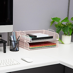 Mind Reader Stackable Paper Tray, 2 Pcs., Desktop Organizer, File Storage, Office, Metal Mesh, 14" L x 9.75" W x 6" H, Pink