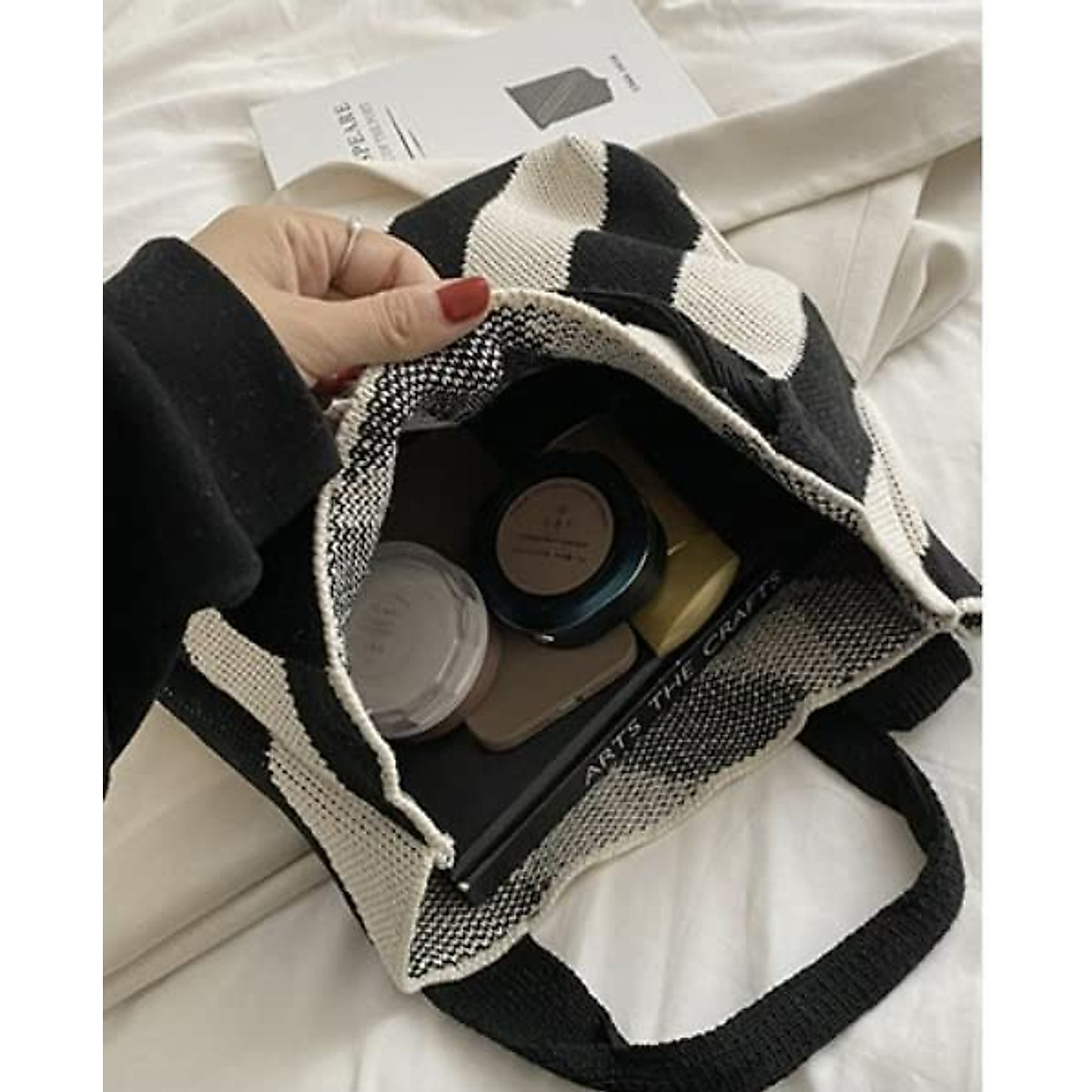 Fairycore Striped Crocheted Tote Bag Aesthetic Knitted Hobo Bag Trendy Big Capacity Shoulder Bag Y2K Accessories (Black and white)