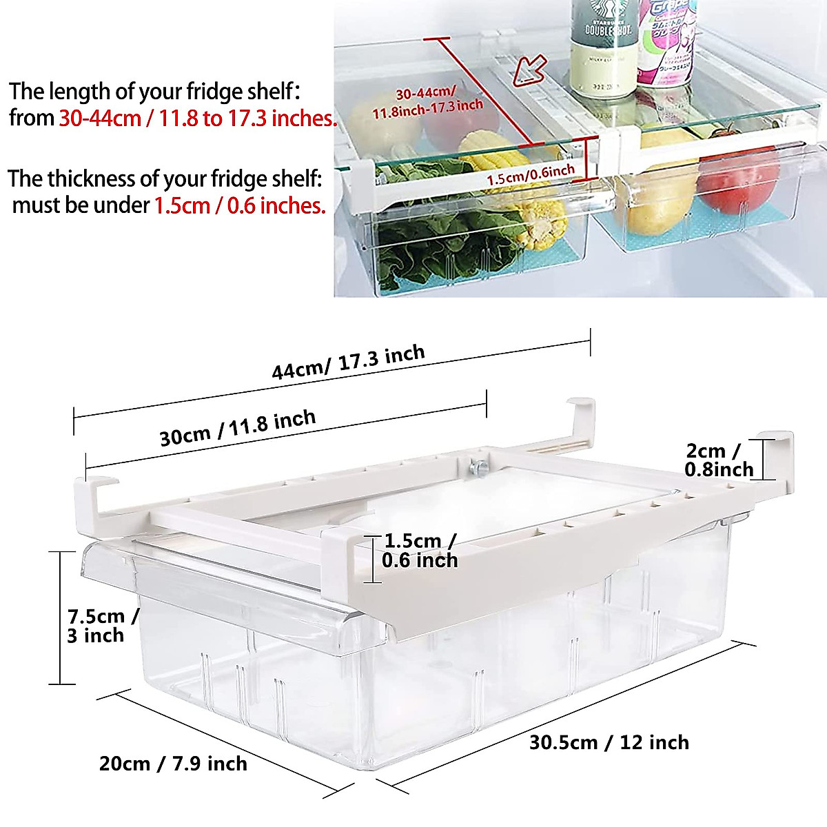 Simfree Pull Out Fridge Drawer,Fridge Drawer Organizer,Refrigerator Drawer Organizer,Pull Out Shelf Storage Transparent Organizer for Egg,Fruit,Vegetable,Seafood,Beef-4 compartments