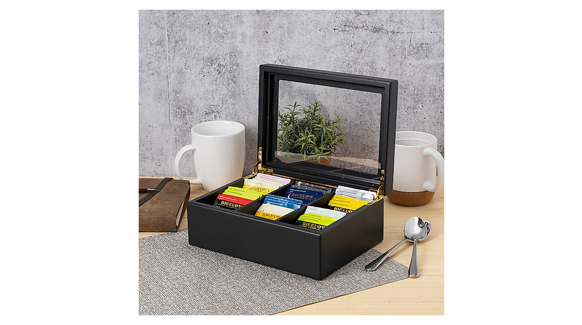 Elegant Black Wooden Tea Organizer with Clear Window | Keep Tea Neat