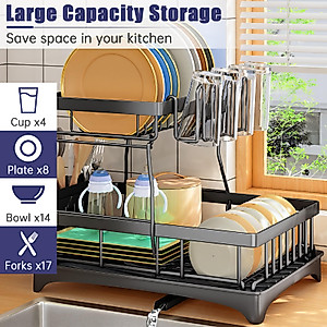 HERJOY Dish Drying Rack, Detachable 2 Tier Dish Rack and Drainboard Set, Large Capacity Dish Drainer Organizer Shelf with Utensil Holder, Cup Rack for Kitchen Counter, Black