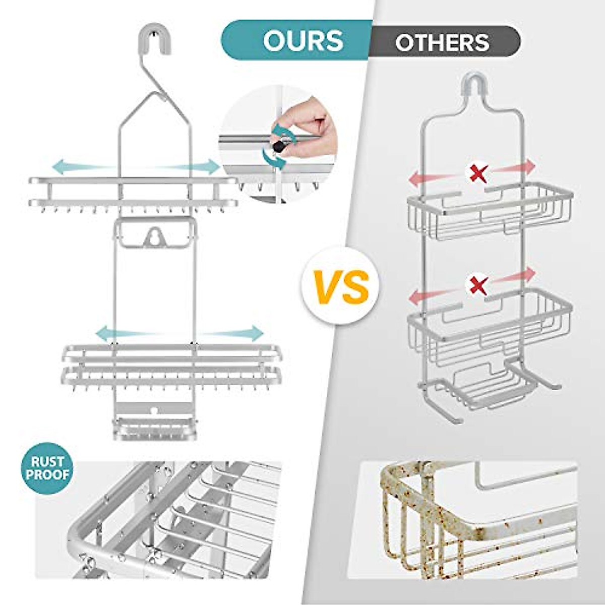 Auledio 3-Tier Shower Caddy, Adjustable Bathroom Hanging Shower Organizer Storage with Sorters Basket and Hooks , Fits Shampoo, Conditioner, Towels , Soap and More