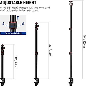 NEEWER Extendable Camera Desk Mount with 1/4" Ball Head, 17”-40” Adjustable Table Light Stand with 1/4" Screw Adapter and C Clamp for DSLR Camera, Ring Light, Live Stream, Vlog, Max Load: 6.6lb/3kg
