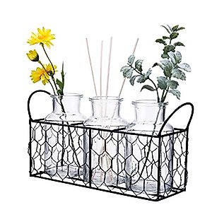 Diamond Star 3Pcs Clear Glass Milk Bottle Vases in Basket Caddy Vintage Style Jars Sets (3Pcs , 11"L X 3"W X 5.5"H)