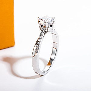 Moissanite Rings 1CT D Color VVS1 Clarity Brilliant Round Cut Solitaire Lab Created Diamond S925 Sterling Silver 6 Prong Moissanite Engagement Ring Promise Wedding Rings for Women with Certificate,