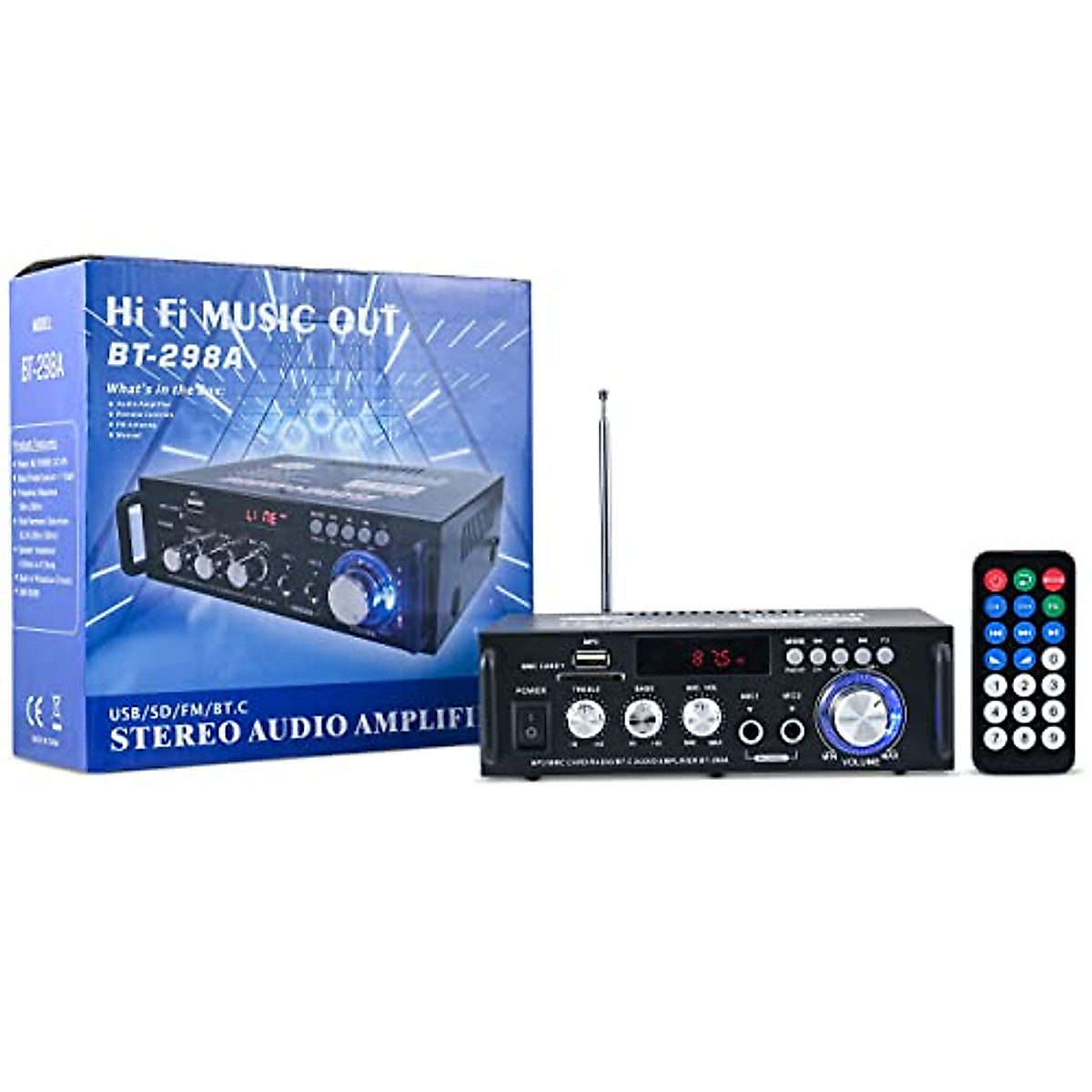 Kaynell 298A Wireless Bluetooth 5.0 Stereo Audio Amplifier, RMS 40Wx2, Max 300Wx2 Dual Channel Power Amp Sound Receiver w/USB, SD Card, FM Radio Home Speakers Theater System Remote Controller, Black