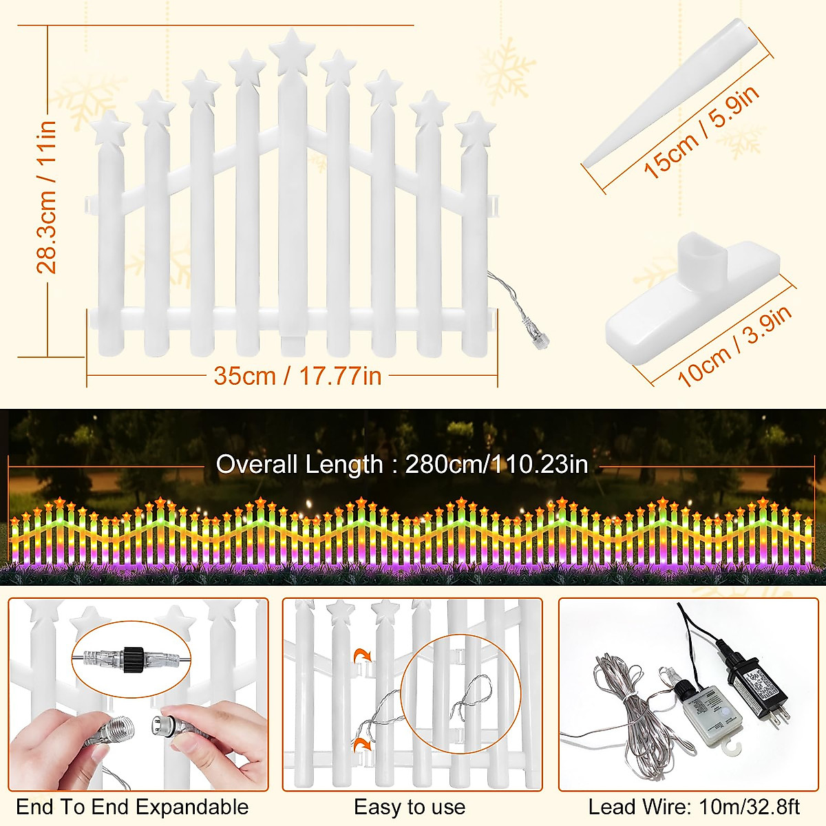 Garden Picket Fence Lights 8 Pack, 11 Modes Fence Lights with Remote,13.8 x 11 inch Christmas Tree Fence Lights Plug in,Plastic White Edgings Garden Picket Fence Lights for Landscape Patio Yard Xmas