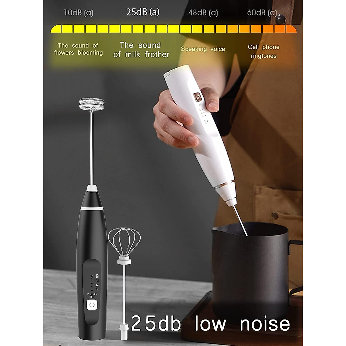 Milk Frother Handheld Rechargeable Frother for Coffee Milk Foamer with Stainless Steel Whisk and Hook, Electric Whisk Drink Mixer for Coffee, Frappe, Lattes, Cappuccino and Hot Chocolate Eggs