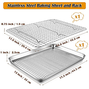 17.5 Inch Half Baking Cookie Sheet with Rack, P&P CHEF Stainless Steel Baking Pan Oven Tray and Cooling Rack for Cooking, Corrugated Bottom & Grid Rack, Healthy & Durable, 2Pcs (1 Pan +1 Rack)