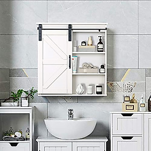 MFSTUDIO Farmhouse Small Bathroom Cabinet Wall Mounted Hanging Medicine Cabinets, Kitchen Storage Organizer with Rustic Barn Door for Living Room Bedroom, Ivory