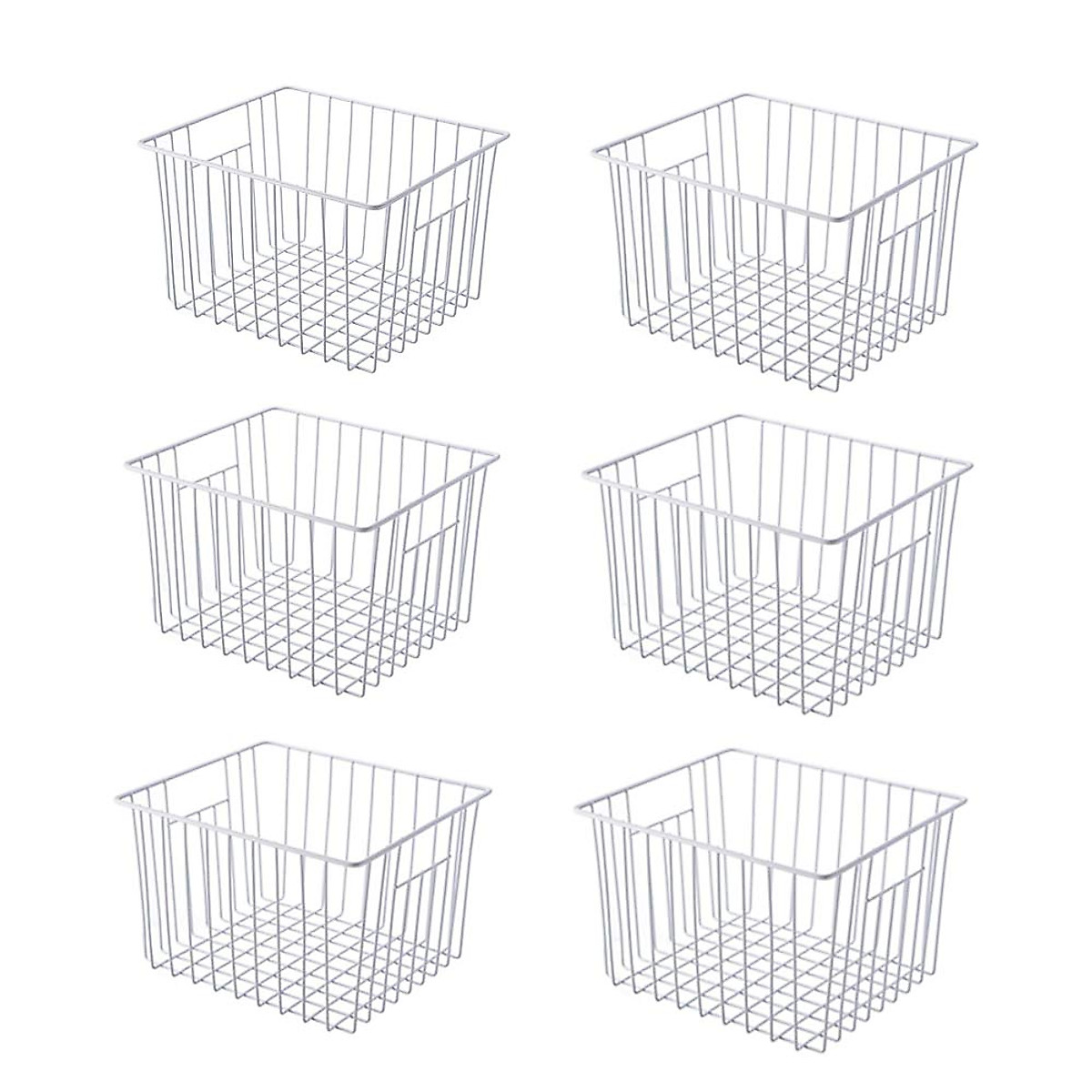 Slideep 11'' Farmhouse Freezer Food Storage Organizer Baskets Modern Refrigerator Metal Wire Basket Bin with Built-in Handles for Kitchen, Pantry, Bathroom, Cabinets, White -Set of 6