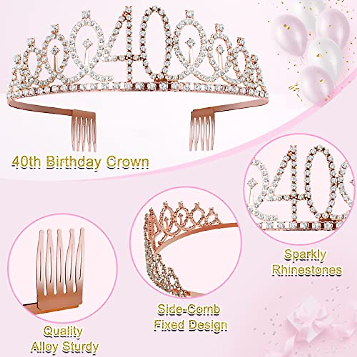 Gaciban 40th Birthday Decorations Women, 40th Birthday Sash and Tiara Crown, Cake Toppers, Birthday Candles, Napkins Sett, Happy 40th Birthday Gifts for Women (Rose Gold)