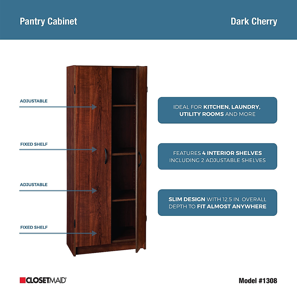 ClosetMaid Pantry Cabinet Cupboard with 2 Doors Adjustable Shelves, Standing, Storage for Kitchen, Laundry or Utility Room, Dark Cherry