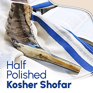 Nana Gifts Authentic Ram Horn Shofar from Israel, Clear Sound, Half Polished, 14''-16''
