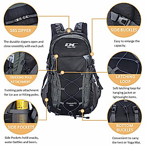 Diamond Candy Waterproof Hiking Backpack for Men and Women, Lightweight Day Pack for Travel Camping, Black, 40L
