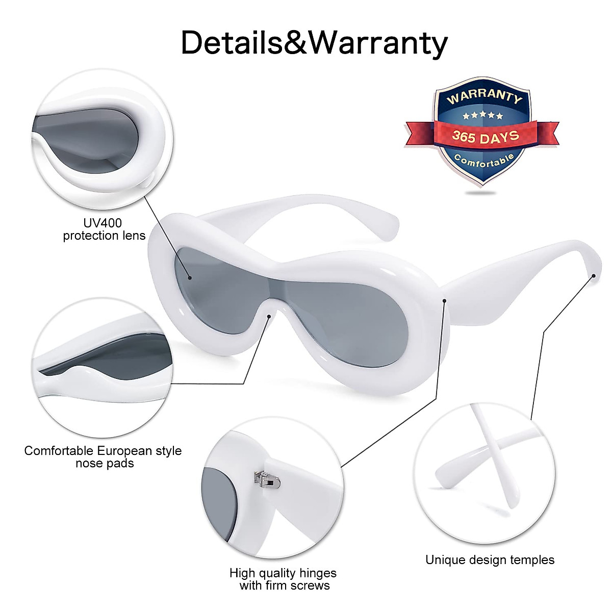 VANLINKER Oversized Thick Inflated Sunglasses Womens Mens Trendy Oval One Peice Glasses Funny Aesthetic Shades VL9729 White