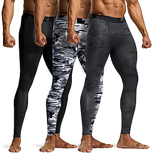 TSLA Men's Compression Pants, Cool Dry Athletic Workout Running Tights Leggings with Pocket/Non-Pocket, 3pack Tights Black/Camo Black/Camo Grey, Large