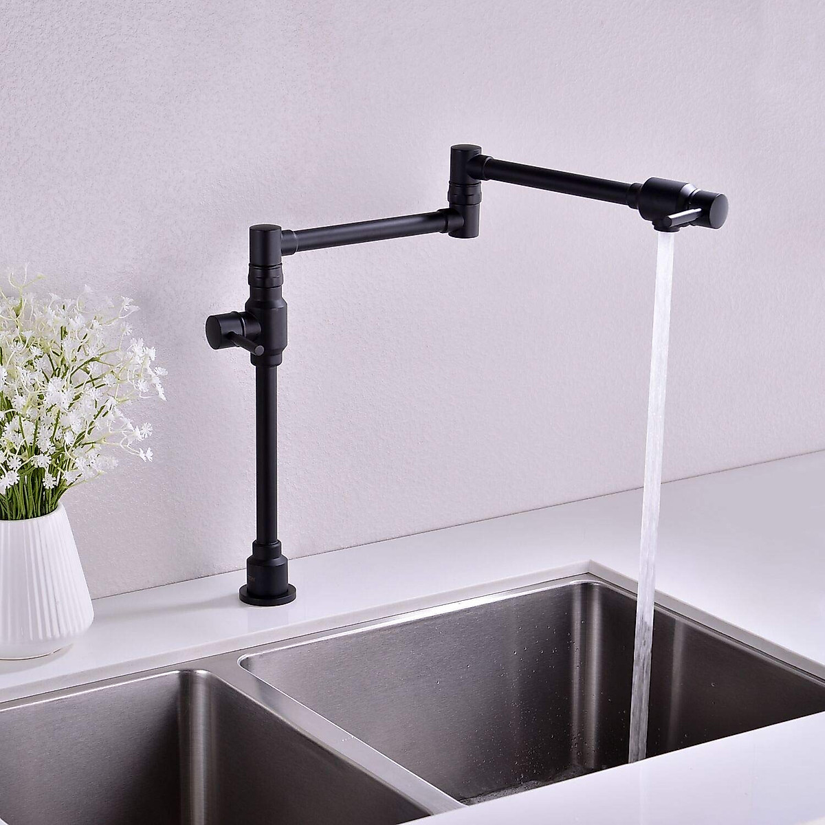 Black Deck Mount Pot Filler Kitchen Faucet,Brass Pot Filler Folding Faucet,Dual Handles Stretchable Double Swing Joint Single Hole Kitchen Sink Faucet