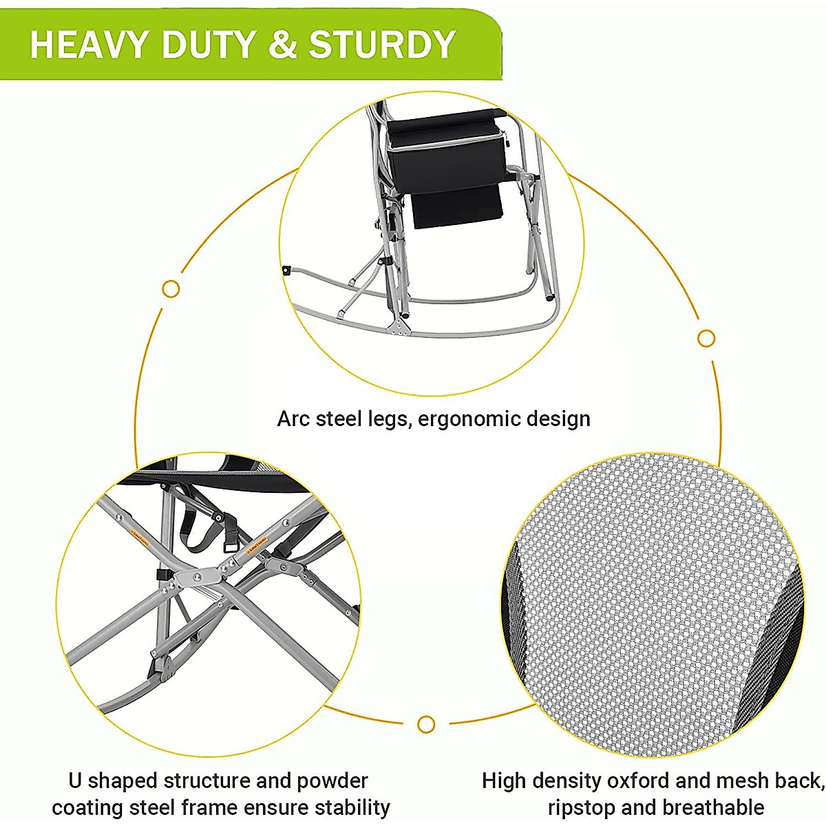 FUNDANGO Oversized Rocking Camping with Cooler Bag, Outdoor Folding Rocker Chair with Side Pocket for Travel, Picnic, Patio, Fishing Supports 300lbs Black&Grey