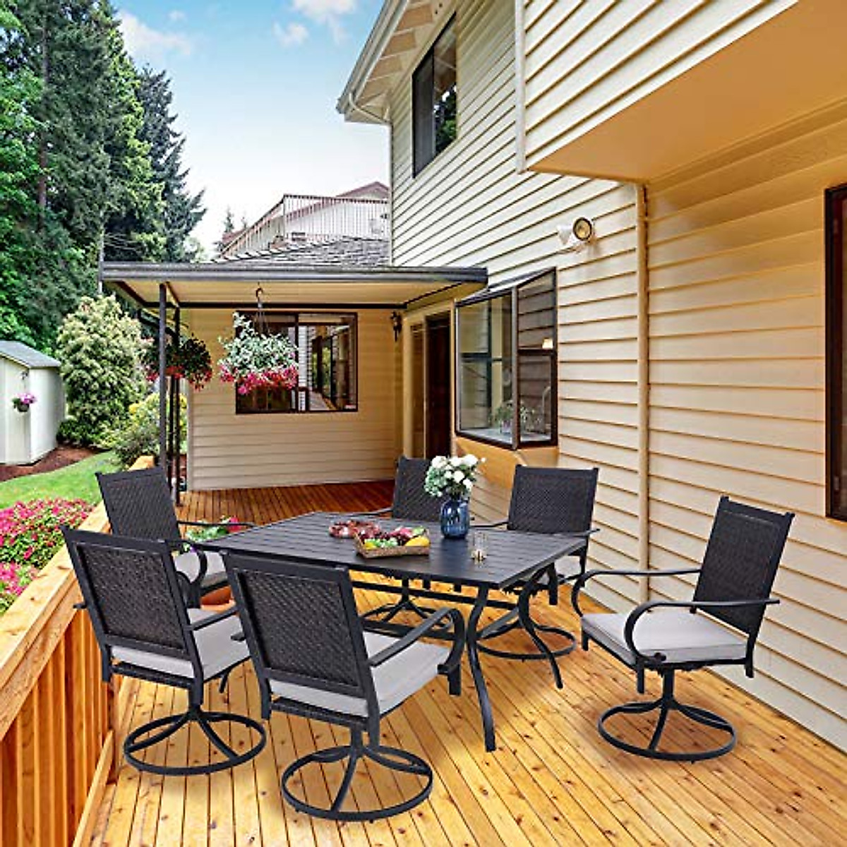 PHI VILLA Outdoor Patio Dining Set of 7, Rectangular Metal Steel Steel Slat Patio Dining Umbrella Hole Table, 6 Rattan Swivel Chairs with Cushion Furniture Set for Home Patio Porch Yard Garden Deck