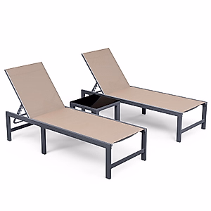 Amopatio Patio Chaise Lounge Set of 3, 24.4" Wider Outdoor Lounge Chairs with Table, Textilene Pool Chaise Lounge for Sun Tanning Lay Flat Poolside Lounger for Beach, Lawn, Brown
