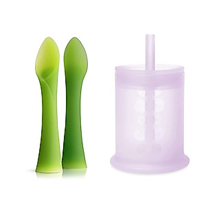 Olababy 100% Silicone Training Spoon Set and Cup with Straw Lid (Lilac) Bundle