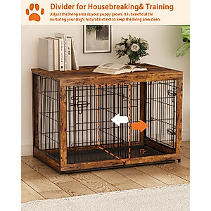 Piskyet Wooden Dog Crate Furniture with Divider Panel, Dog Crate End Table with Fixable Slide Tray, Double Doors Dog Kennel Indoor for Dogs(XL:43.2" L * 28.6" W * 30.3" H,Rustic Style)
