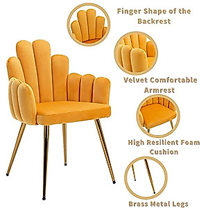 HNY Velvet Accent Chair Set of 4, Finger Shape Upholstered Arm Chair, Mid Century Modern Living Room Dining Makeup Vanity Chairs, with Gold Metal Legs, Yellow