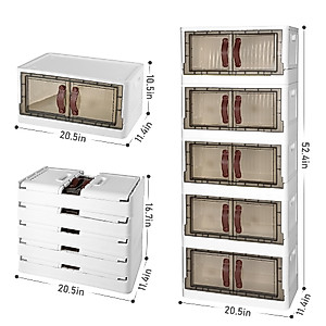 Plastic Storage Bins with Lids,200 Qt (50 Gal) Storage Cabinet,5 Pack Stackable Beige Wardrobe Closet Organizer,20.5 x 11.4 x 52.4Inch Foldable Plastic Storage Container with Door