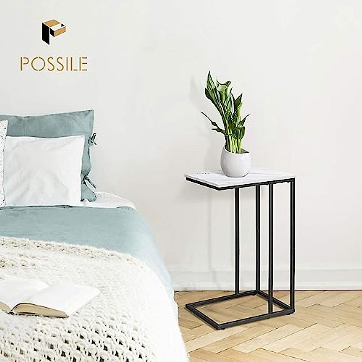 Possile C Shaped Side Table Set of 2, Marble End Table for Sofa and Bed, Couch Table That Slide Under, Snack Side Table for Living Room, Bedroom or Small Spaces, White and Black