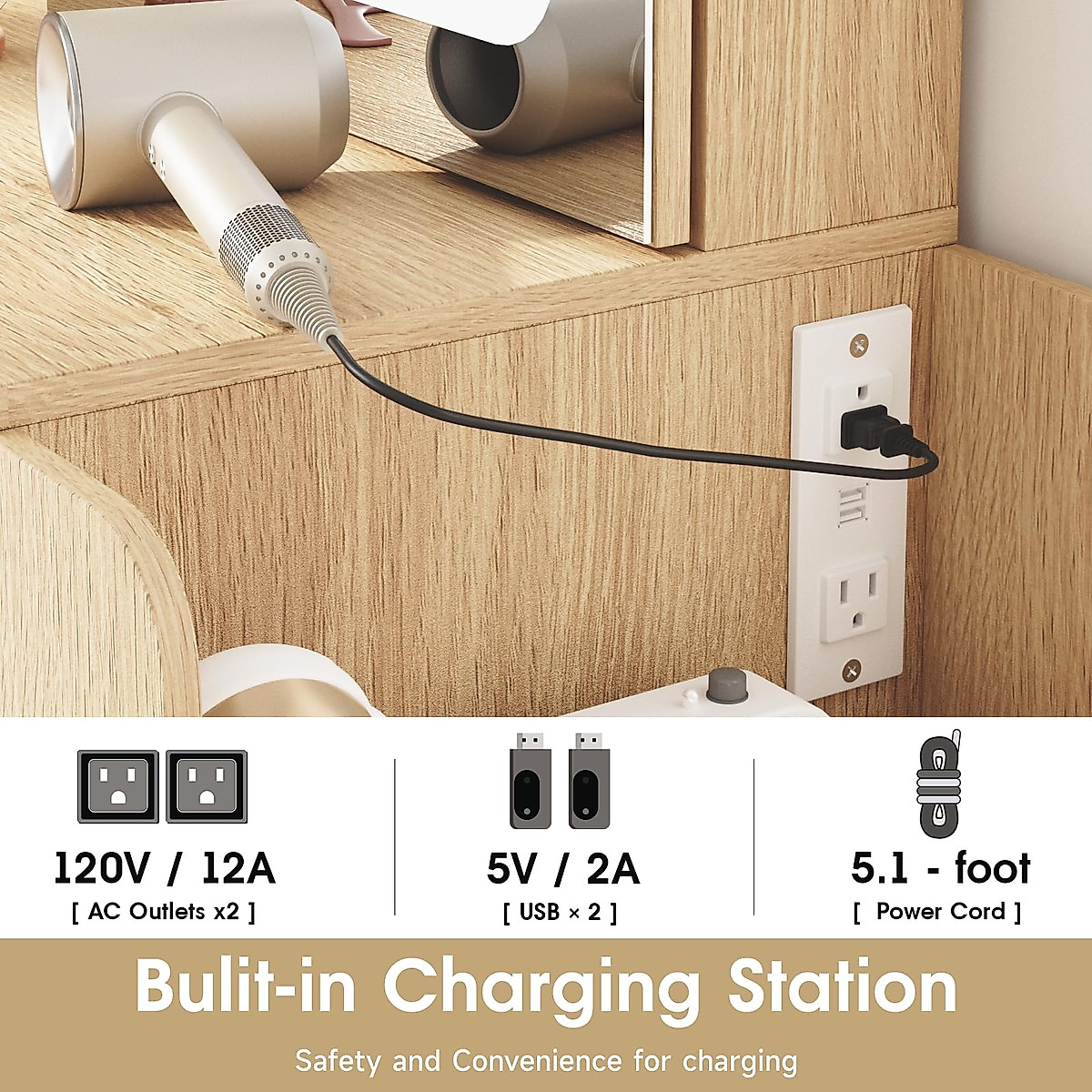 Natural Vanity Desk with Full Length Mirror and Lights Mirror Makeup Vanity Table with 2 Storage Drawers Dressing Table for Bedroom with Power Outlet,Charging Station,Hooks Hidden,Shelves,Natural