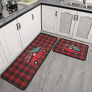 Fuoxowk Christmas Tree Truck Kitchen Mat and Rug Set-Buffalo Plaid Kitchen Rugs and Mats Non Skid Washable,Floor Cushion Waterproof Rug,Rubber Backed Area Rugs for Kitchen Sink,Indoor Floor,Red