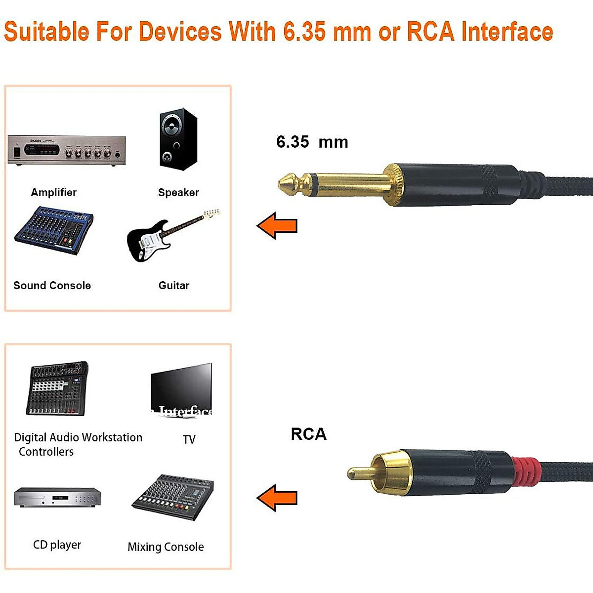 VOYZ Dual 1/4" TS Mono to 2 RCA Audio Cable - 6ft | PVC Shelled, Nylon Braided | Gold Plated Plugs | Ideal for Mixers, Amplifiers, Microphones, Speakers, Camera