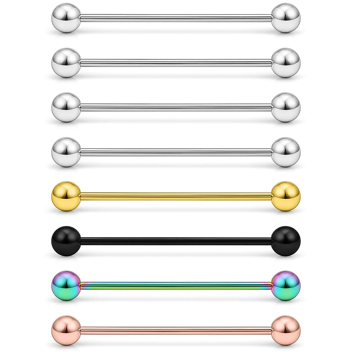 Dyknasz 8PCS Industrial Bar Earrings Stainless Steel 16G Multicolor 32mm Barbell Ear Cartilage Piercing Jewelry Set