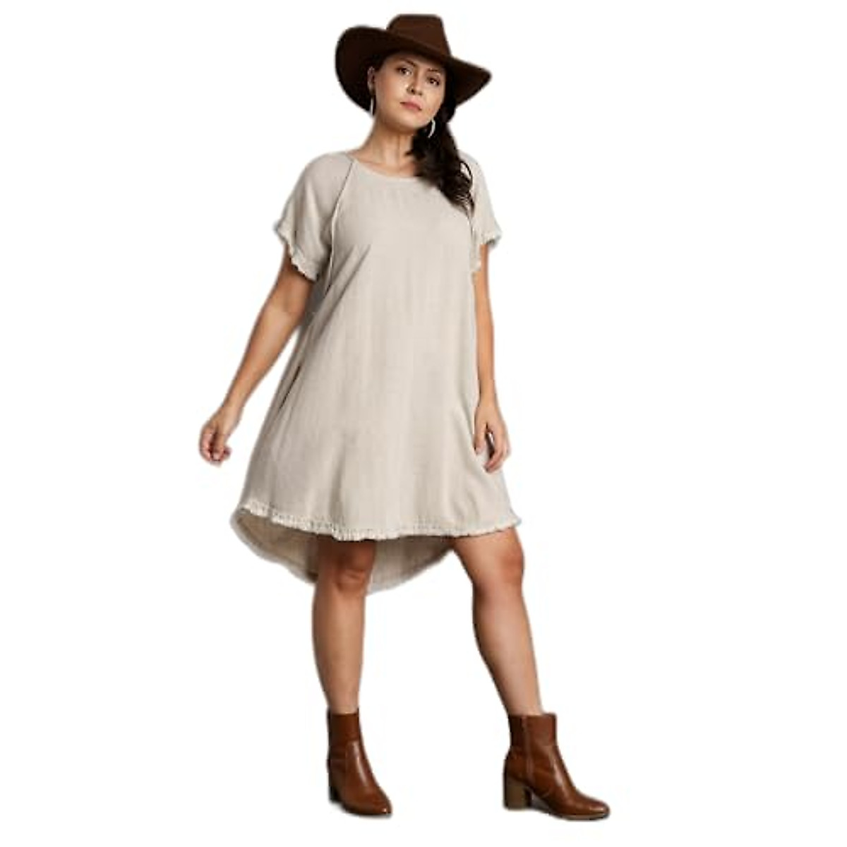 Umgee Linen Blend Round Neck Pocket Dress with Fringe Short Sleeves and a High Low Scoop Hem (US, Alpha, X-Large, Regular, Regular, Oatmeal)