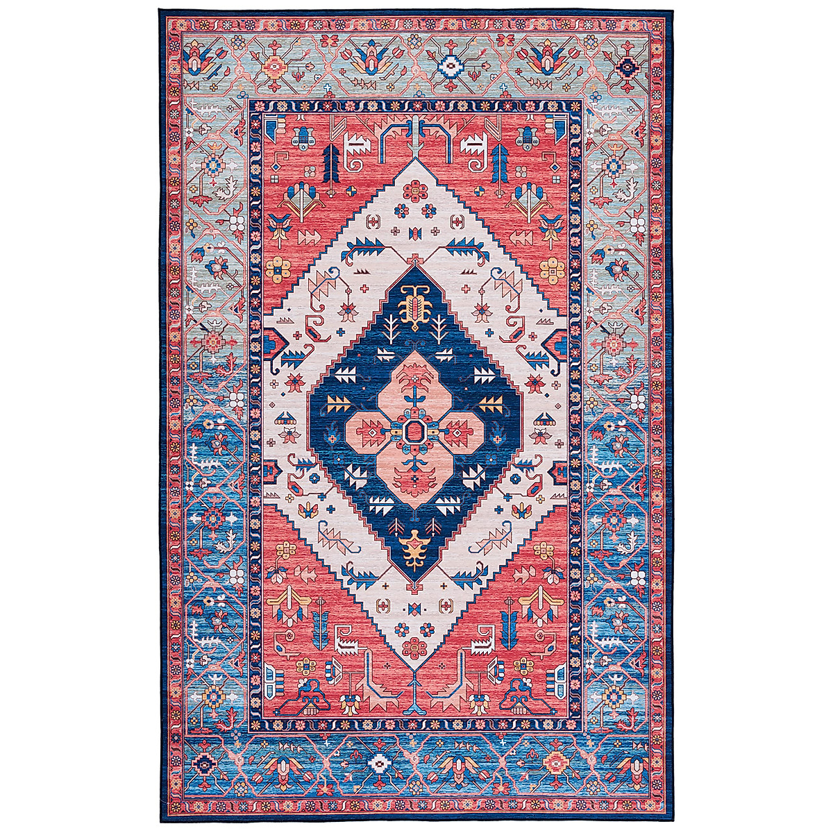 SAFAVIEH Tucson Collection Area Rug - 6' x 9', Rust & Blue, Persian Medallion Design, Non-Shedding Machine Washable & Slip Resistant Ideal for High Traffic Areas in Living Room, Bedroom (TSN133P)