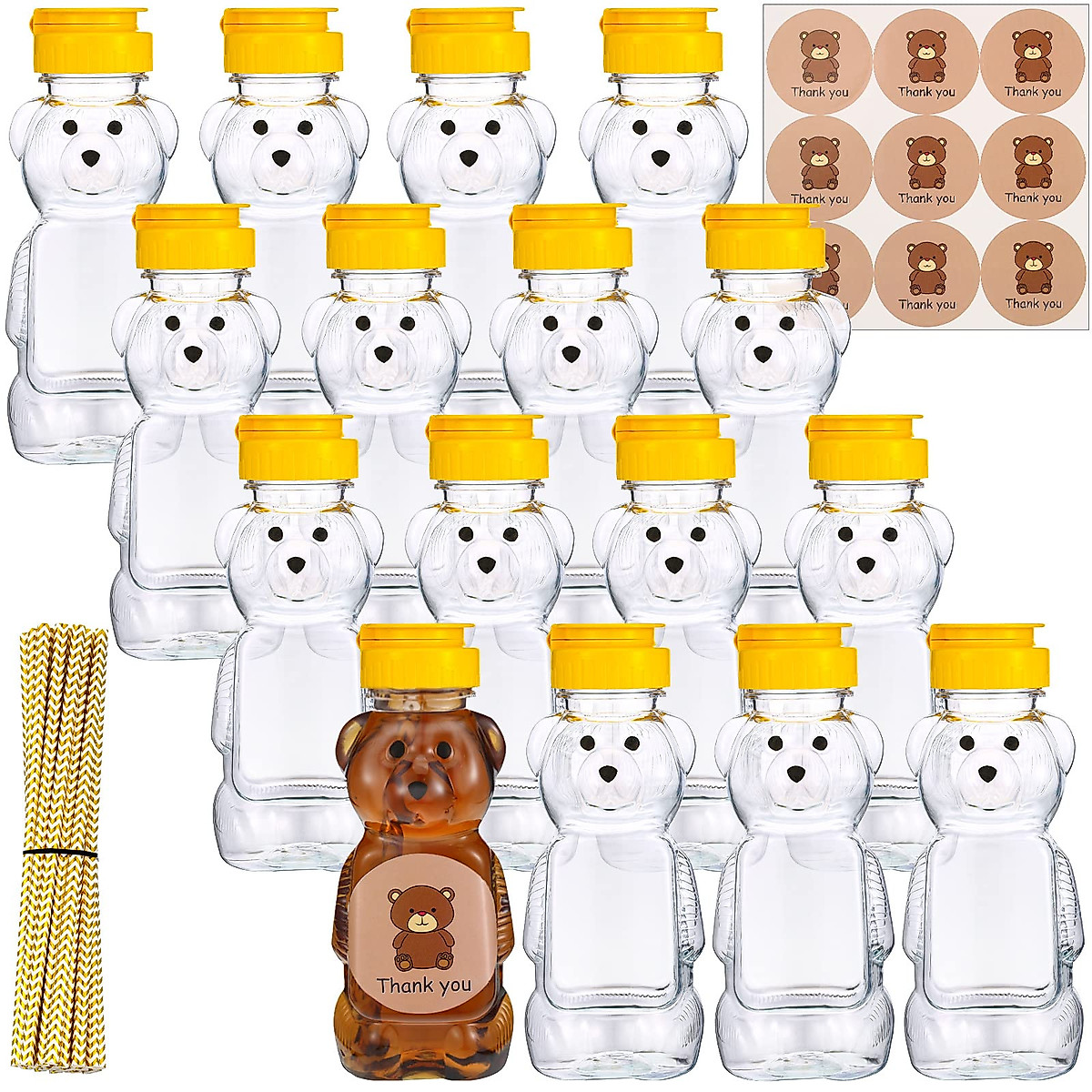 16 Pack Honey Bear Bottle with 25 Pcs Straws and 32 Pcs Bear Stickers Honey Squeezable Jar Spill Proof Plastic Honey Dispenser Containers Reusable Bear Juice Drinking Cup for Kids Toddler (Yellow)