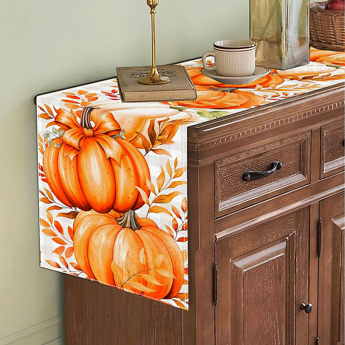 Netnology Pumpkins Leaves Fall Table Runner, White and Gray Buffalo Plaid Thanksgiving Table Runner, Seasonal Farmhouse Indoor Decor Autumn Decorations for Home 13 x 72 Inch