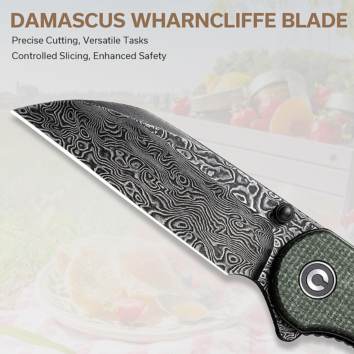 CIVIVI Pocket Knife - Elementum Folding Knife with 2.97'' Damascus Wharncliffe Blade Micarta Handle, Ideal for Outdoor EDC Gift C18062AF-DS1