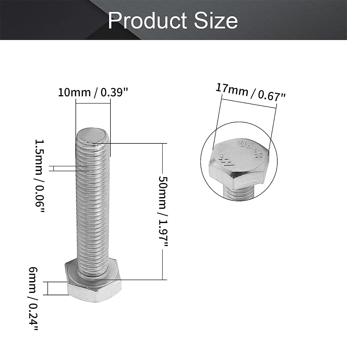 MroMax M10 Left Hand Hex Head Bolt M10-1.5 x 50mm 304 Stainless Steel Reverse Threaded Hex Tap Screw Bolts 2pcs