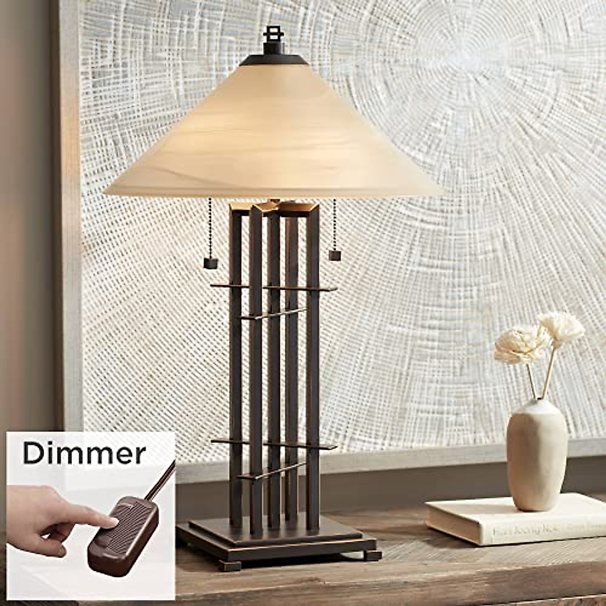 Franklin Iron Works Metro Planes 'n' Posts Rustic Farmhouse Accent Table Lamp 23 1/2" High with Dimmer Bronze Metal Alabaster Art Glass Shade for Bedroom Living Room House Home Bedside Nightstand