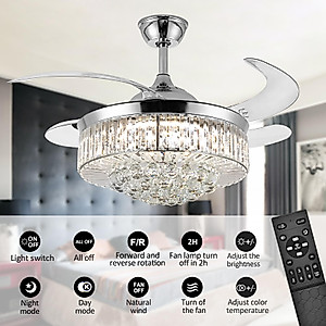Panghuhu88 36" Invisible Ceiling Fan Chandelier Light,Modern Crystal Ceiling Fan Light Remote Control 4 Retractable ABS Blades for Bedroom Living Room Dining Room Decoration (Silver)