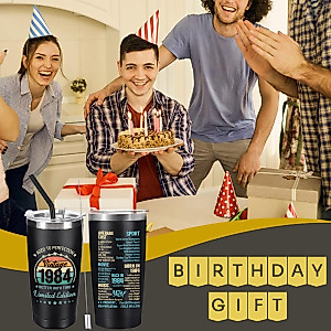 Jettryran 40th Birthday Gifts for Women Men Parents 40 Years Old Gifts- 20 oz Double-sided Vintage 1984 with Time Information Tumbler Cup（black） Turning 40- TB002