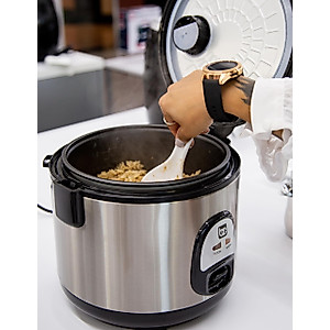 Bene Casa 7 cup stainless-steel thermo rice cooker, stainless steel and black design, cool touch rice cooker, simple operation, dishwasher safe.