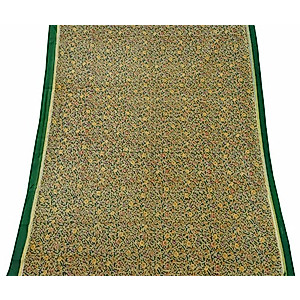Peegli Vintage Green Textile Fabric Floral Printed DIY Craft Fabric Polyester Recycled Sari